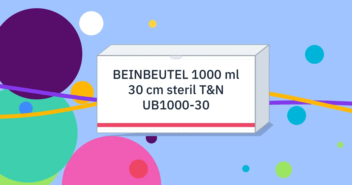 Symbolbild: Packung mit der Aufschrift BEINBEUTEL 1000 ml 30 cm steril T&N UB1000-30 (PZN 06718885) – Verfügbarkeit und Bezug in Apotheken in Frankfurt am Main