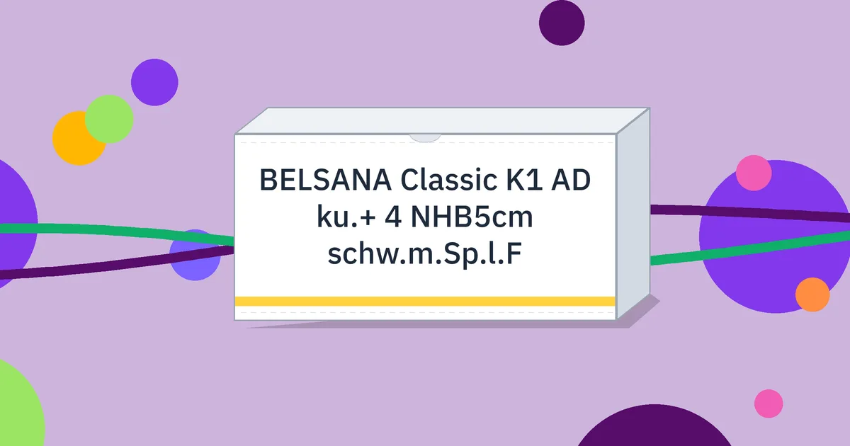 Symbolbild: Packung mit der Aufschrift BELSANA Classic K1 AD ku.+ 4 NHB5cm schw.m.Sp.l.F (PZN 19255961) – Verfügbarkeit und Bezug in Apotheken in Frankfurt am Main