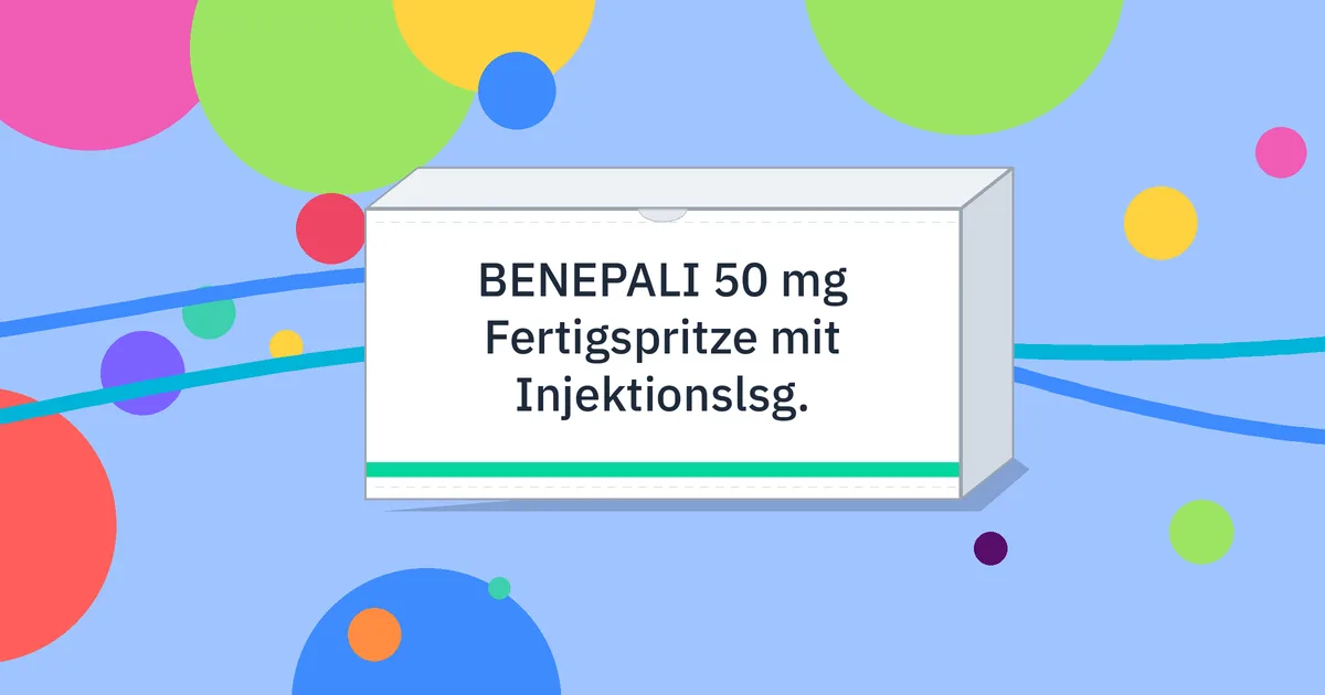 Symbolbild: Packung mit der Aufschrift BENEPALI 50 mg Fertigspritze mit Injektionslsg. (PZN 15329668) – Verfügbarkeit und Bezug in Apotheken in Frankfurt am Main