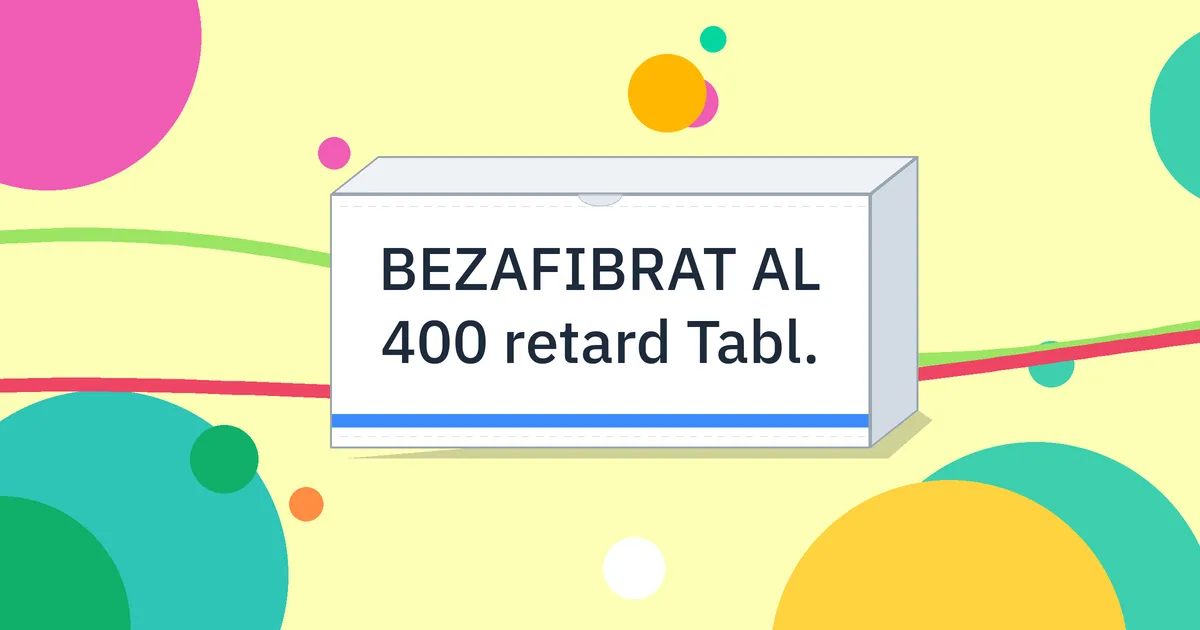 Symbolbild: Packung mit der Aufschrift BEZAFIBRAT AL 400 retard Tabl. (PZN 04203697) – Verfügbarkeit und Bezug in Apotheken in Frankfurt am Main