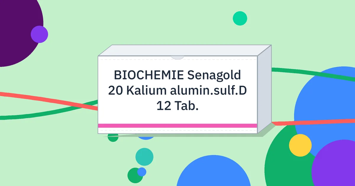 Symbolbild: Packung mit der Aufschrift BIOCHEMIE Senagold 20 Kalium alumin.sulf.D 12 Tab. (PZN 07544513) – Verfügbarkeit und Bezug in Apotheken in Frankfurt am Main