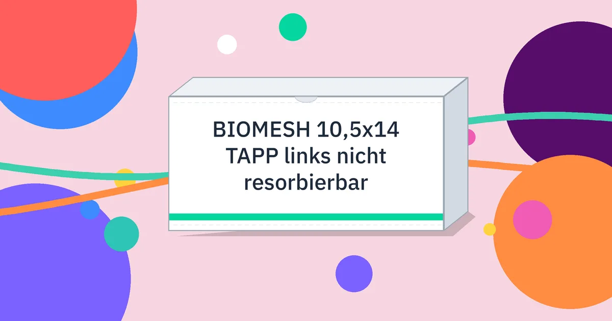 Symbolbild: Packung mit der Aufschrift BIOMESH 10,5x14 TAPP links nicht resorbierbar (PZN 19504720) – Verfügbarkeit und Bezug in Apotheken in Frankfurt am Main