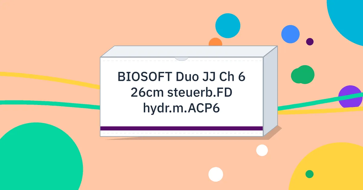 Symbolbild: Packung mit der Aufschrift BIOSOFT Duo JJ Ch 6 26cm steuerb.FD hydr.m.ACP6 (PZN 17510171) – Verfügbarkeit und Bezug in Apotheken in Frankfurt am Main