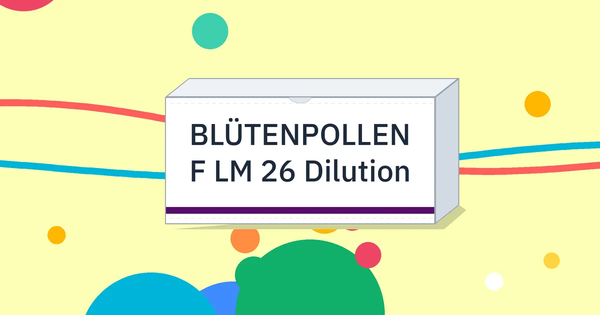 Symbolbild: Packung mit der Aufschrift BLÜTENPOLLEN F LM 26 Dilution (PZN 13389749) – Verfügbarkeit und Bezug in Apotheken in Frankfurt am Main
