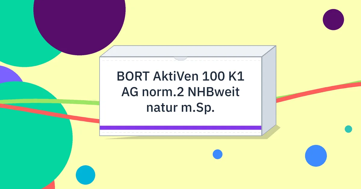 Symbolbild: Packung mit der Aufschrift BORT AktiVen 100 K1 AG norm.2 NHBweit natur m.Sp. (PZN 13729760) – Verfügbarkeit und Bezug in Apotheken in Frankfurt am Main