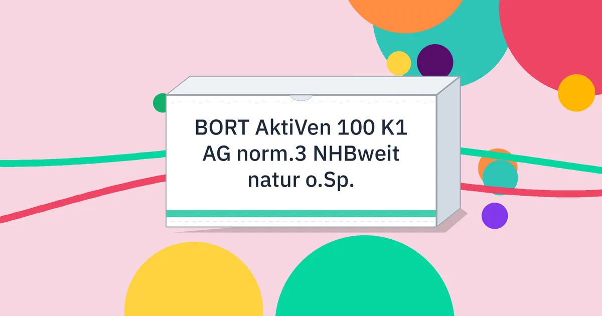 Symbolbild: Packung mit der Aufschrift BORT AktiVen 100 K1 AG norm.3 NHBweit natur o.Sp. (PZN 13729441) – Verfügbarkeit und Bezug in Apotheken in Frankfurt am Main