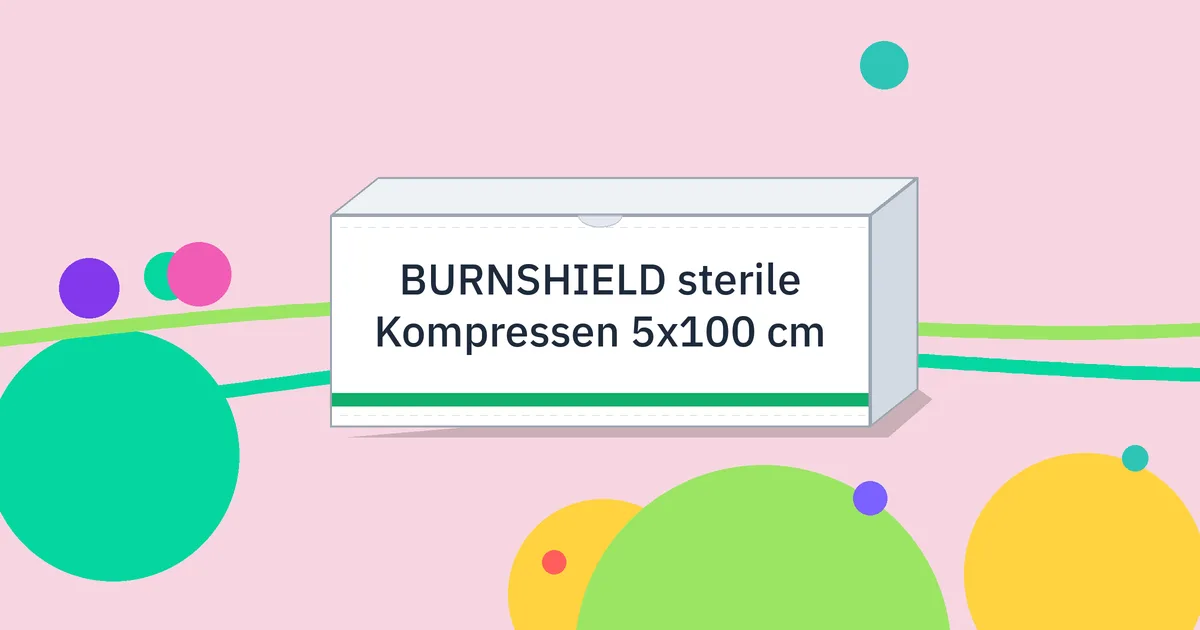 Symbolbild: Packung mit der Aufschrift BURNSHIELD sterile Kompressen 5x100 cm (PZN 09378355) – Verfügbarkeit und Bezug in Apotheken in Frankfurt am Main