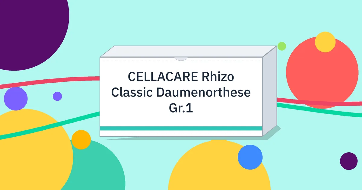 Symbolbild: Packung mit der Aufschrift CELLACARE Rhizo Classic Daumenorthese Gr.1 (PZN 15621707) – Verfügbarkeit und Bezug in Apotheken in Frankfurt am Main