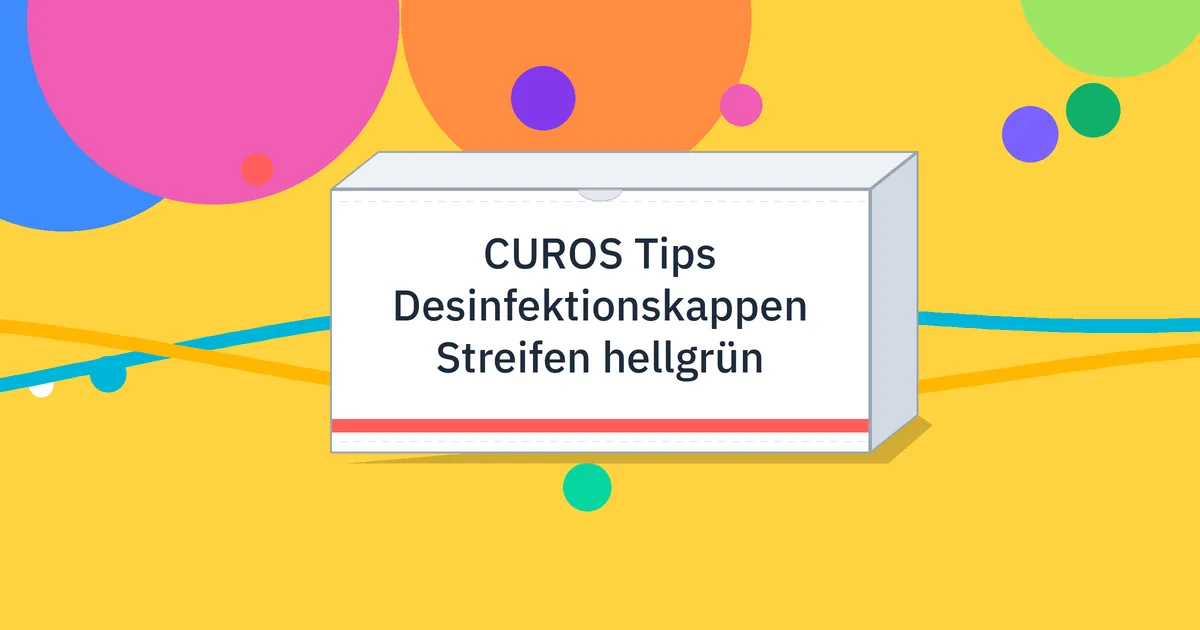 Symbolbild: Packung mit der Aufschrift CUROS Tips Desinfektionskappen Streifen hellgrün (PZN 15267128) – Verfügbarkeit und Bezug in Apotheken in Frankfurt am Main