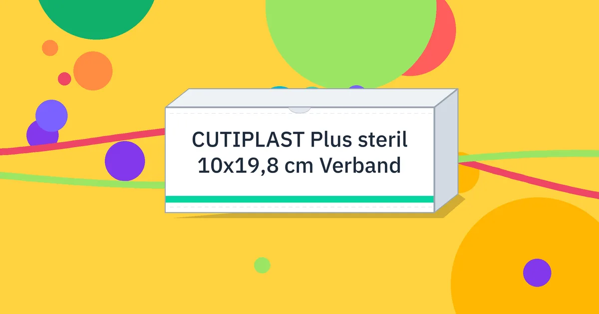Symbolbild: Packung mit der Aufschrift CUTIPLAST Plus steril 10x19,8 cm Verband (PZN 17451540) – Verfügbarkeit und Bezug in Apotheken in Frankfurt am Main