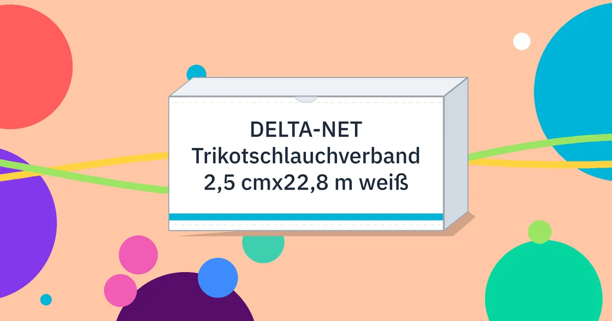 Symbolbild: Packung mit der Aufschrift DELTA-NET Trikotschlauchverband 2,5 cmx22,8 m weiß (PZN 15238813) – Verfügbarkeit und Bezug in Apotheken in Frankfurt am Main
