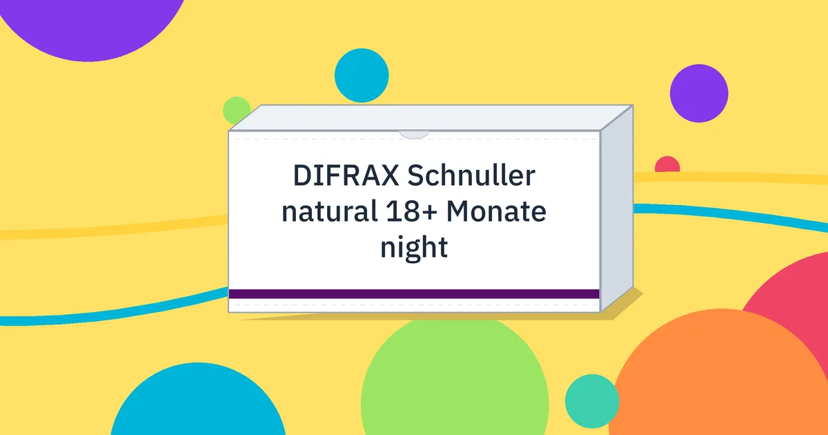 Symbolbild: Packung mit der Aufschrift DIFRAX Schnuller natural 18+ Monate night (PZN 12517731) – Verfügbarkeit und Bezug in Apotheken in Frankfurt am Main
