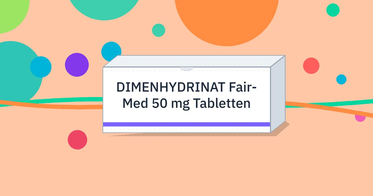 Symbolbild: Packung mit der Aufschrift DIMENHYDRINAT Fair-Med 50 mg Tabletten (PZN 10803757) – Verfügbarkeit und Bezug in Apotheken in Frankfurt am Main