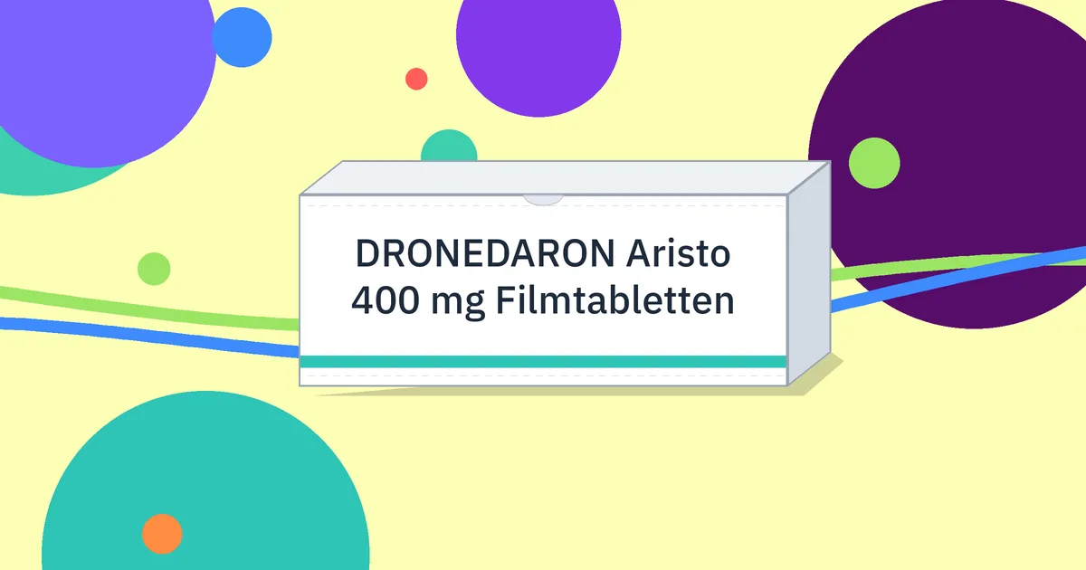 Symbolbild: Packung mit der Aufschrift DRONEDARON Aristo 400 mg Filmtabletten (PZN 15529195) – Verfügbarkeit und Bezug in Apotheken in Frankfurt am Main
