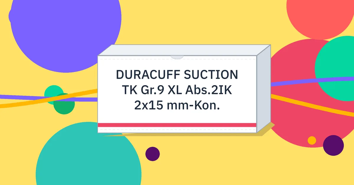 Symbolbild: Packung mit der Aufschrift DURACUFF SUCTION TK Gr.9 XL Abs.2IK 2x15 mm-Kon. (PZN 04964404) – Verfügbarkeit und Bezug in Apotheken in Frankfurt am Main