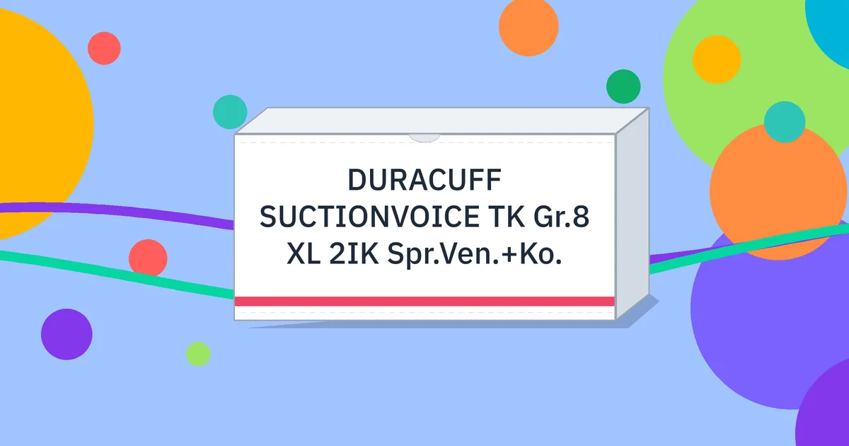 Symbolbild: Packung mit der Aufschrift DURACUFF SUCTIONVOICE TK Gr.8 XL 2IK Spr.Ven.+Ko. (PZN 04964634) – Verfügbarkeit und Bezug in Apotheken in Frankfurt am Main