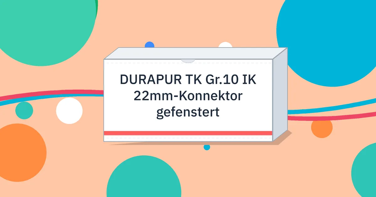 Symbolbild: Packung mit der Aufschrift DURAPUR TK Gr.10 IK 22mm-Konnektor gefenstert (PZN 16030948) – Verfügbarkeit und Bezug in Apotheken in Frankfurt am Main