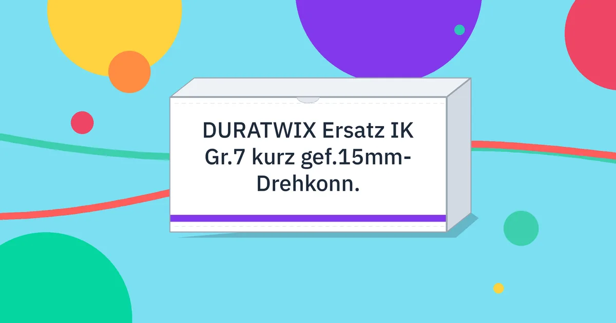 Symbolbild: Packung mit der Aufschrift DURATWIX Ersatz IK Gr.7 kurz gef.15mm-Drehkonn. (PZN 06991859) – Verfügbarkeit und Bezug in Apotheken in Frankfurt am Main