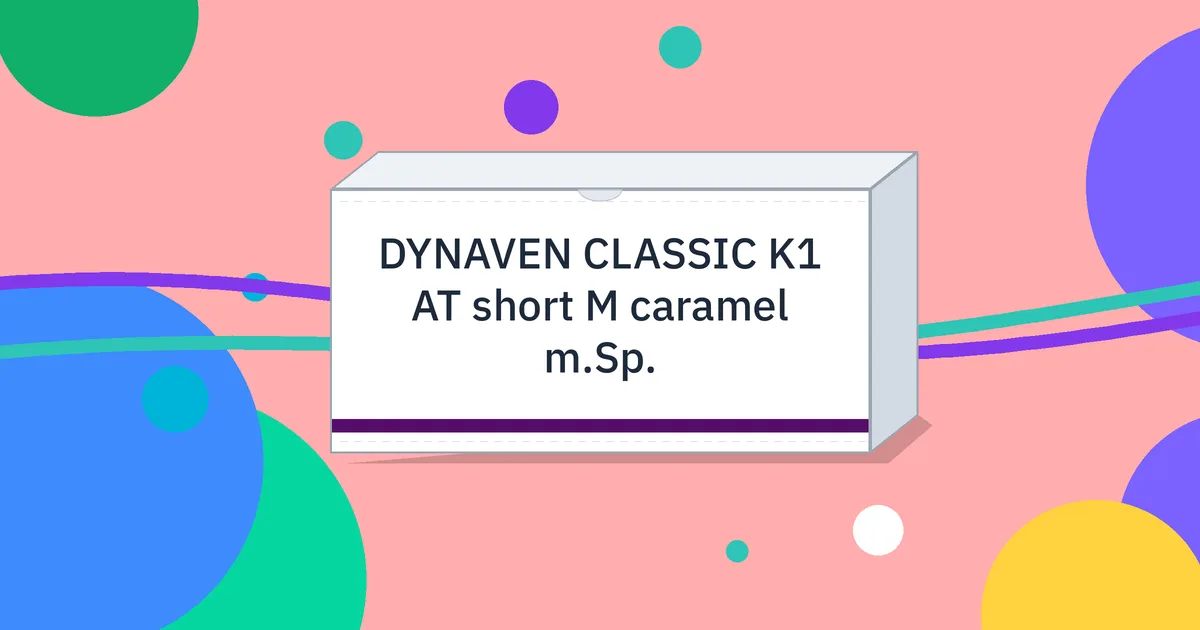 Symbolbild: Packung mit der Aufschrift DYNAVEN CLASSIC K1 AT short M caramel m.Sp. (PZN 18416379) – Verfügbarkeit und Bezug in Apotheken in Frankfurt am Main