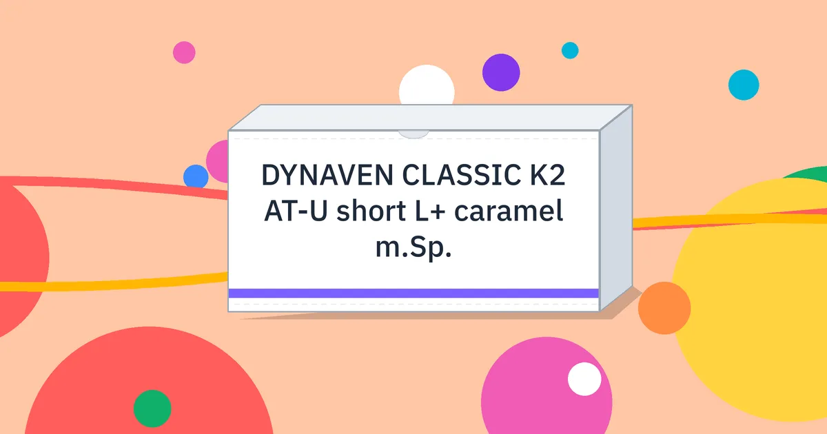Symbolbild: Packung mit der Aufschrift DYNAVEN CLASSIC K2 AT-U short L+ caramel m.Sp. (PZN 18420010) – Verfügbarkeit und Bezug in Apotheken in Frankfurt am Main