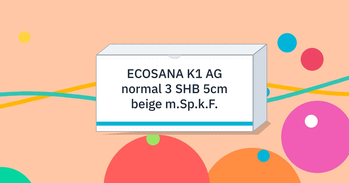 Symbolbild: Packung mit der Aufschrift ECOSANA K1 AG normal 3 SHB 5cm beige m.Sp.k.F. (PZN 04727443) – Verfügbarkeit und Bezug in Apotheken in Frankfurt am Main