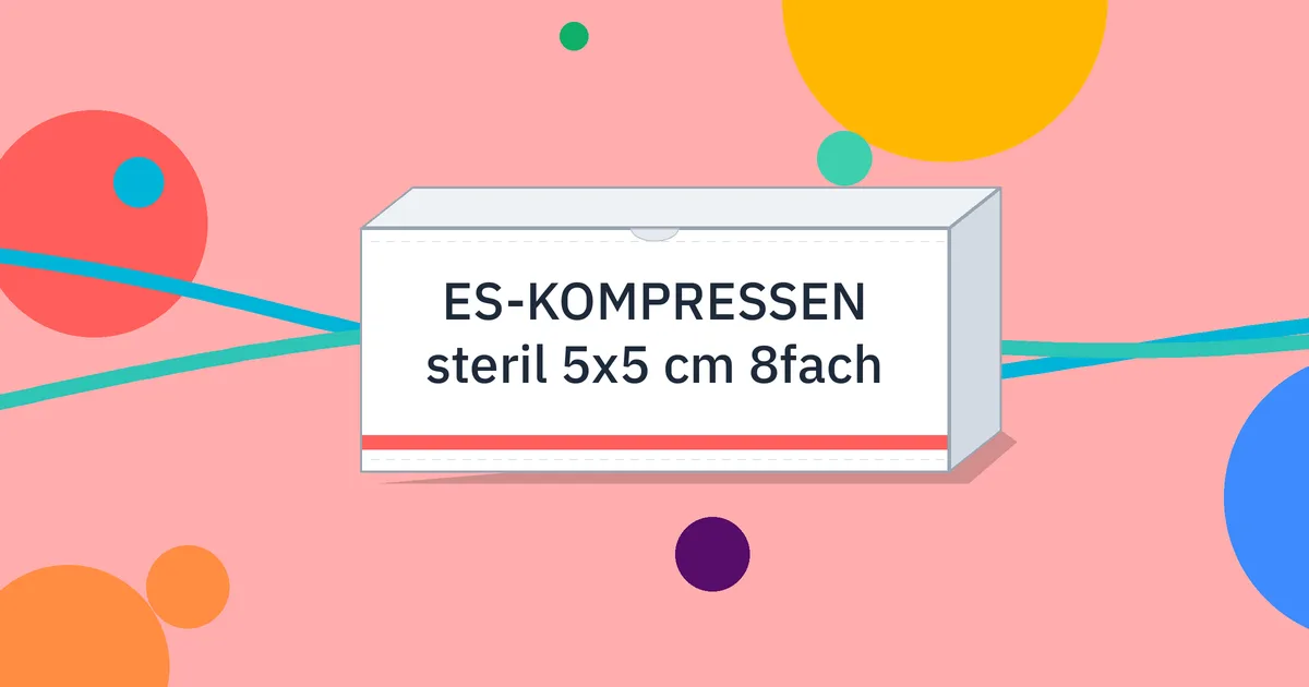 Symbolbild: Packung mit der Aufschrift ES-KOMPRESSEN steril 5x5 cm 8fach (PZN 19345977) – Verfügbarkeit und Bezug in Apotheken in Frankfurt am Main