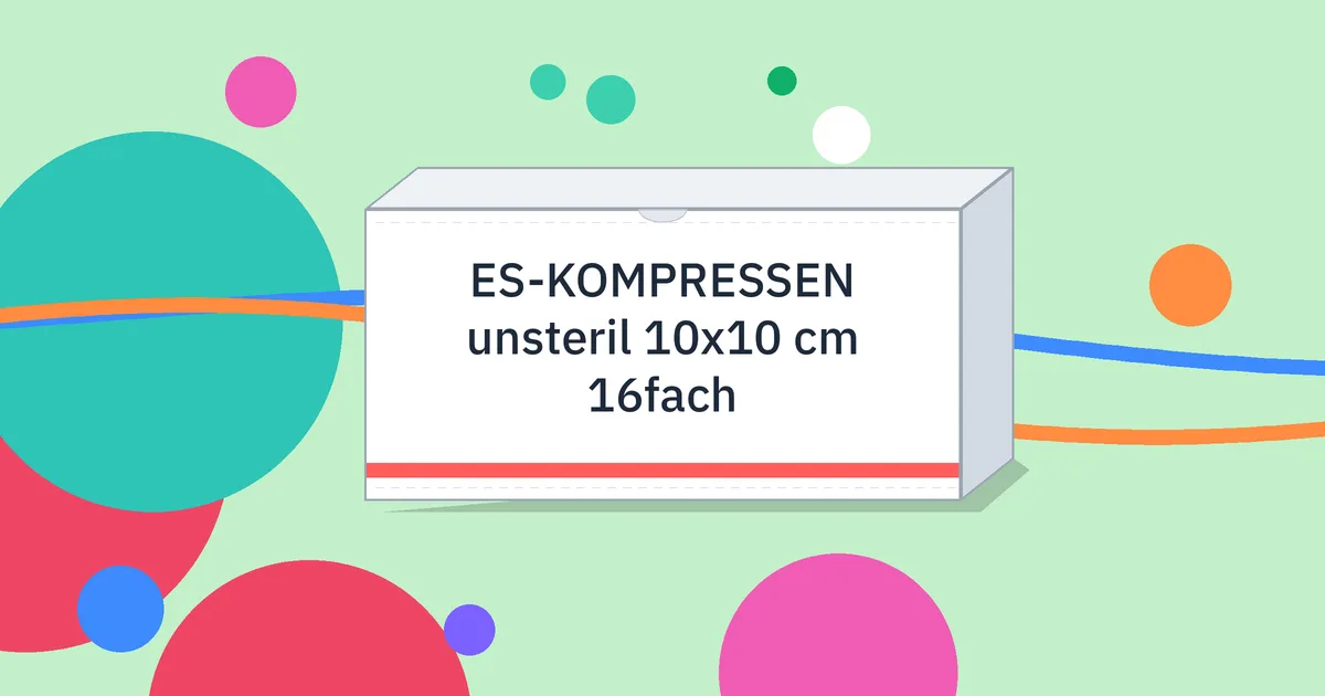 Symbolbild: Packung mit der Aufschrift ES-KOMPRESSEN unsteril 10x10 cm 16fach (PZN 18715768) – Verfügbarkeit und Bezug in Apotheken in Frankfurt am Main
