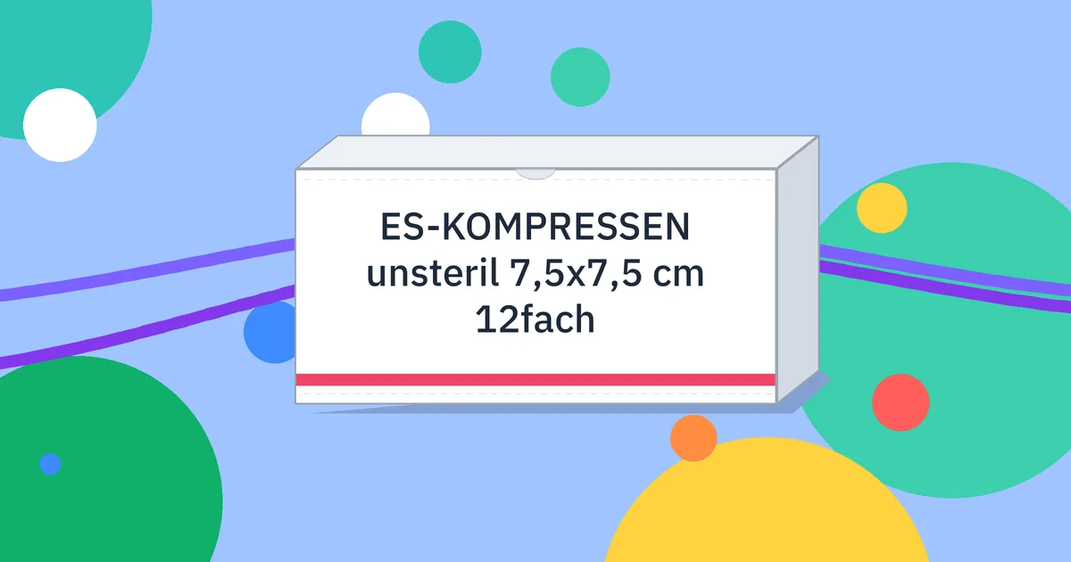 Symbolbild: Packung mit der Aufschrift ES-KOMPRESSEN unsteril 7,5x7,5 cm 12fach (PZN 18853080) – Verfügbarkeit und Bezug in Apotheken in Frankfurt am Main