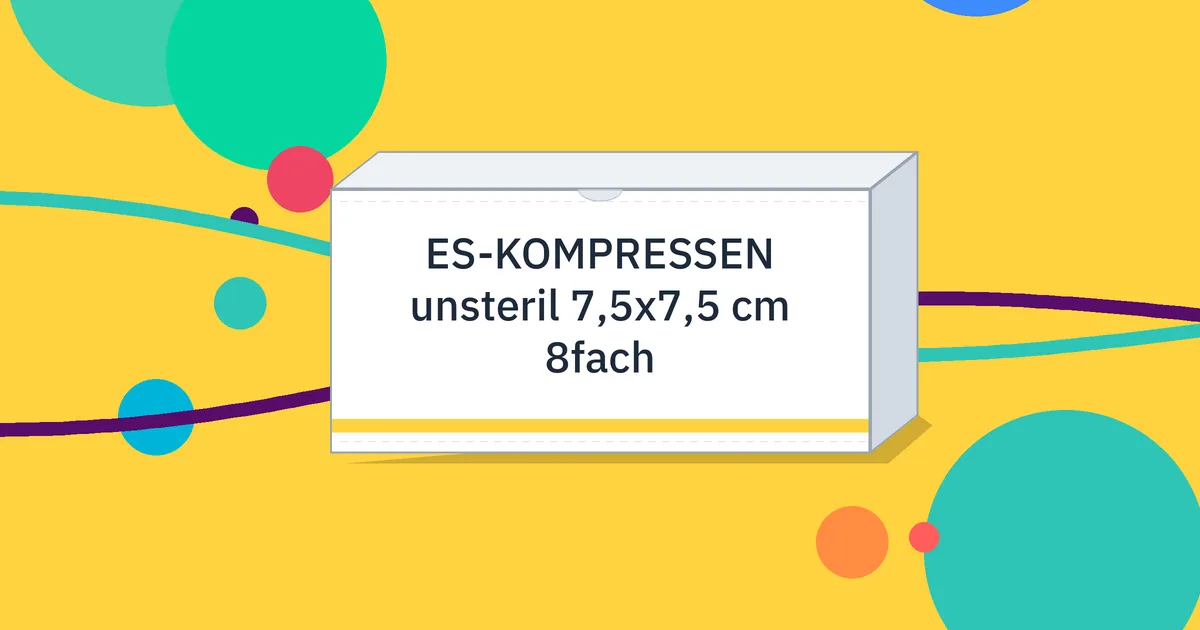 Symbolbild: Packung mit der Aufschrift ES-KOMPRESSEN unsteril 7,5x7,5 cm 8fach (PZN 01447192) – Verfügbarkeit und Bezug in Apotheken in Frankfurt am Main