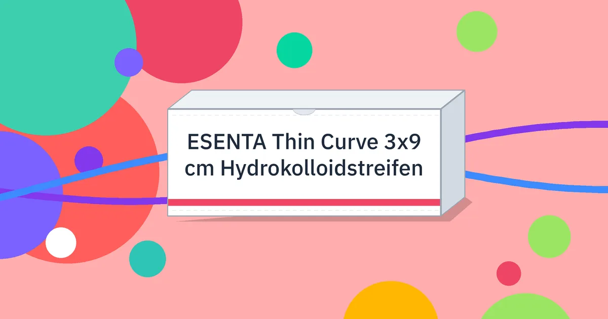 Symbolbild: Packung mit der Aufschrift ESENTA Thin Curve 3x9 cm Hydrokolloidstreifen (PZN 18666811) – Verfügbarkeit und Bezug in Apotheken in Frankfurt am Main