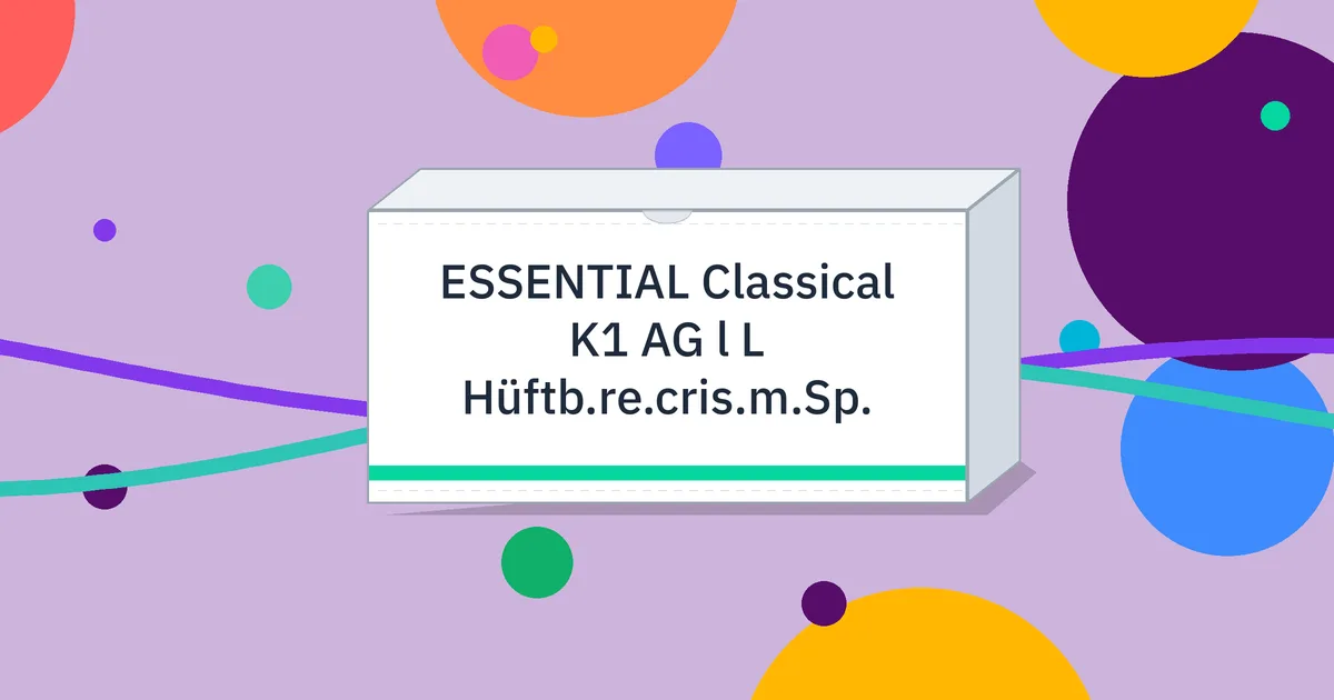 Symbolbild: Packung mit der Aufschrift ESSENTIAL Classical K1 AG l L Hüftb.re.cris.m.Sp. (PZN 17012444) – Verfügbarkeit und Bezug in Apotheken in Frankfurt am Main