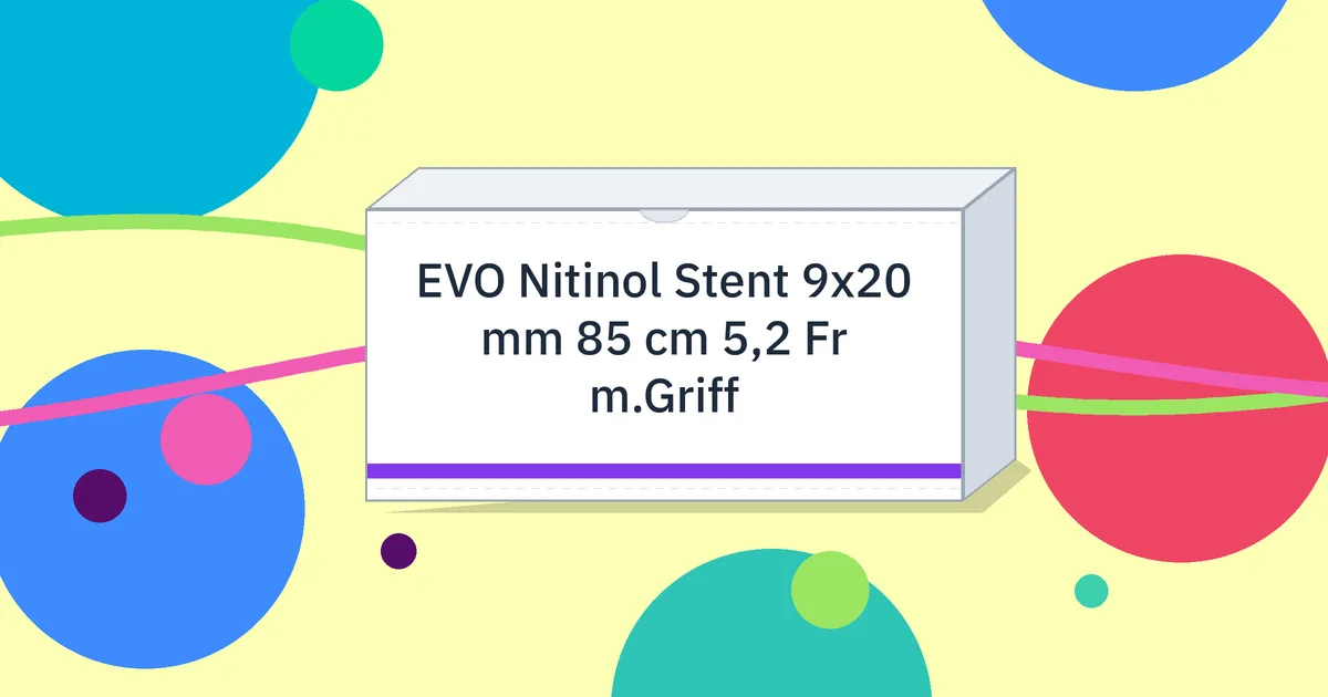 Symbolbild: Packung mit der Aufschrift EVO Nitinol Stent 9x20 mm 85 cm 5,2 Fr m.Griff (PZN 00223421) – Verfügbarkeit und Bezug in Apotheken in Frankfurt am Main
