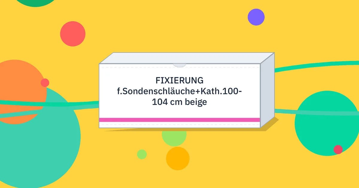 Symbolbild: Packung mit der Aufschrift FIXIERUNG f.Sondenschläuche+Kath.100-104 cm beige (PZN 20653307) – Verfügbarkeit und Bezug in Apotheken in Frankfurt am Main