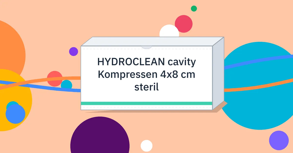 Symbolbild: Packung mit der Aufschrift HYDROCLEAN cavity Kompressen 4x8 cm steril (PZN 18833551) – Verfügbarkeit und Bezug in Apotheken in Frankfurt am Main