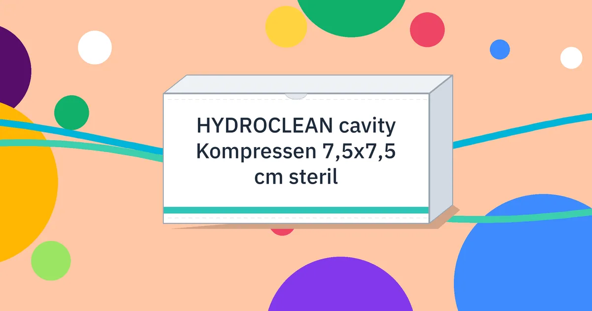 Symbolbild: Packung mit der Aufschrift HYDROCLEAN cavity Kompressen 7,5x7,5 cm steril (PZN 14413898) – Verfügbarkeit und Bezug in Apotheken in Frankfurt am Main