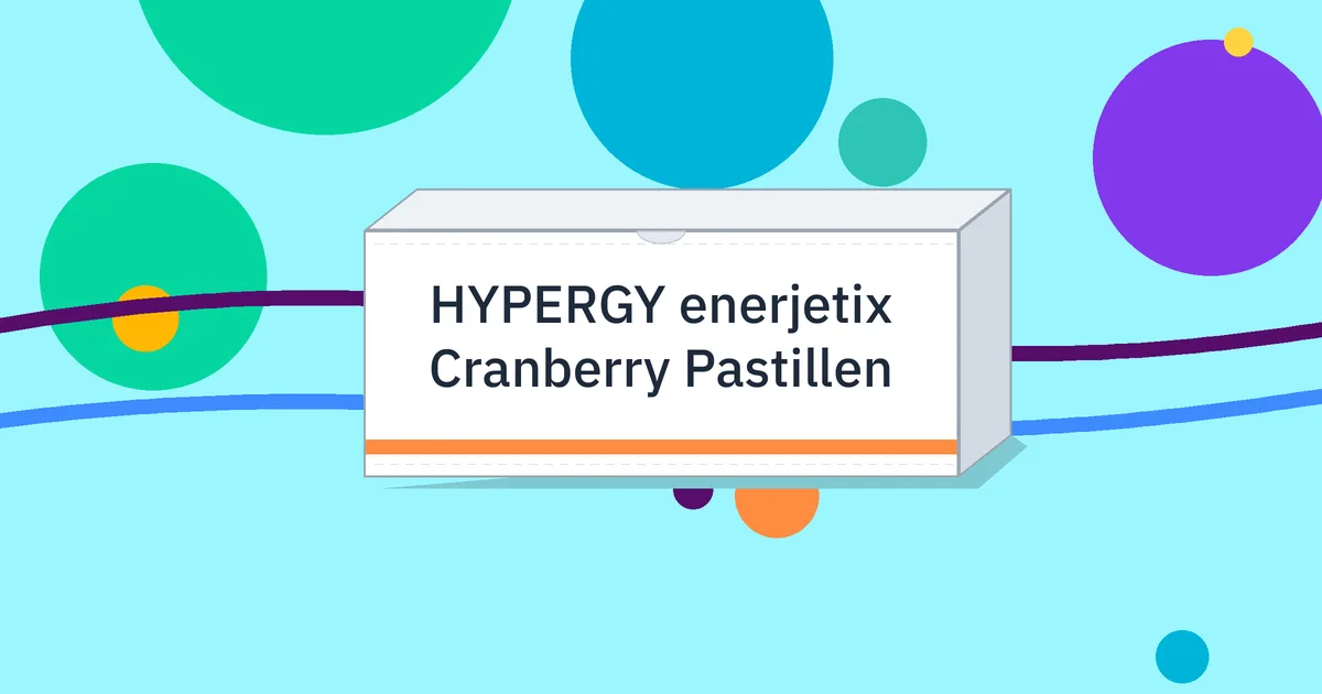 Symbolbild: Packung mit der Aufschrift HYPERGY enerjetix Cranberry Pastillen (PZN 12362033) – Verfügbarkeit und Bezug in Apotheken in Frankfurt am Main
