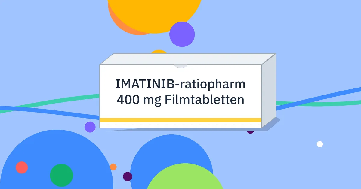 Symbolbild: Packung mit der Aufschrift IMATINIB-ratiopharm 400 mg Filmtabletten (PZN 11598532) – Verfügbarkeit und Bezug in Apotheken in Frankfurt am Main