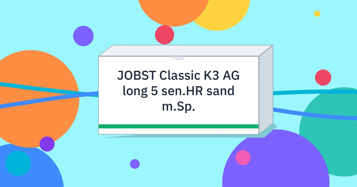 Symbolbild: Packung mit der Aufschrift JOBST Classic K3 AG long 5 sen.HR sand m.Sp. (PZN 17958204) – Verfügbarkeit und Bezug in Apotheken in Frankfurt am Main