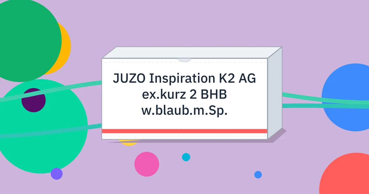 Symbolbild: Packung mit der Aufschrift JUZO Inspiration K2 AG ex.kurz 2 BHB w.blaub.m.Sp. (PZN 14851397) – Verfügbarkeit und Bezug in Apotheken in Frankfurt am Main