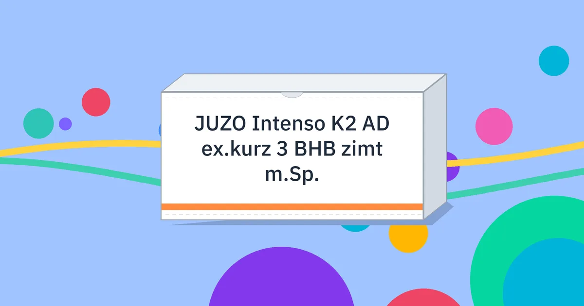 Symbolbild: Packung mit der Aufschrift JUZO Intenso K2 AD ex.kurz 3 BHB zimt m.Sp. (PZN 18615009) – Verfügbarkeit und Bezug in Apotheken in Frankfurt am Main