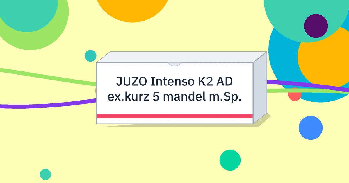Symbolbild: Packung mit der Aufschrift JUZO Intenso K2 AD ex.kurz 5 mandel m.Sp. (PZN 18608216) – Verfügbarkeit und Bezug in Apotheken in Frankfurt am Main