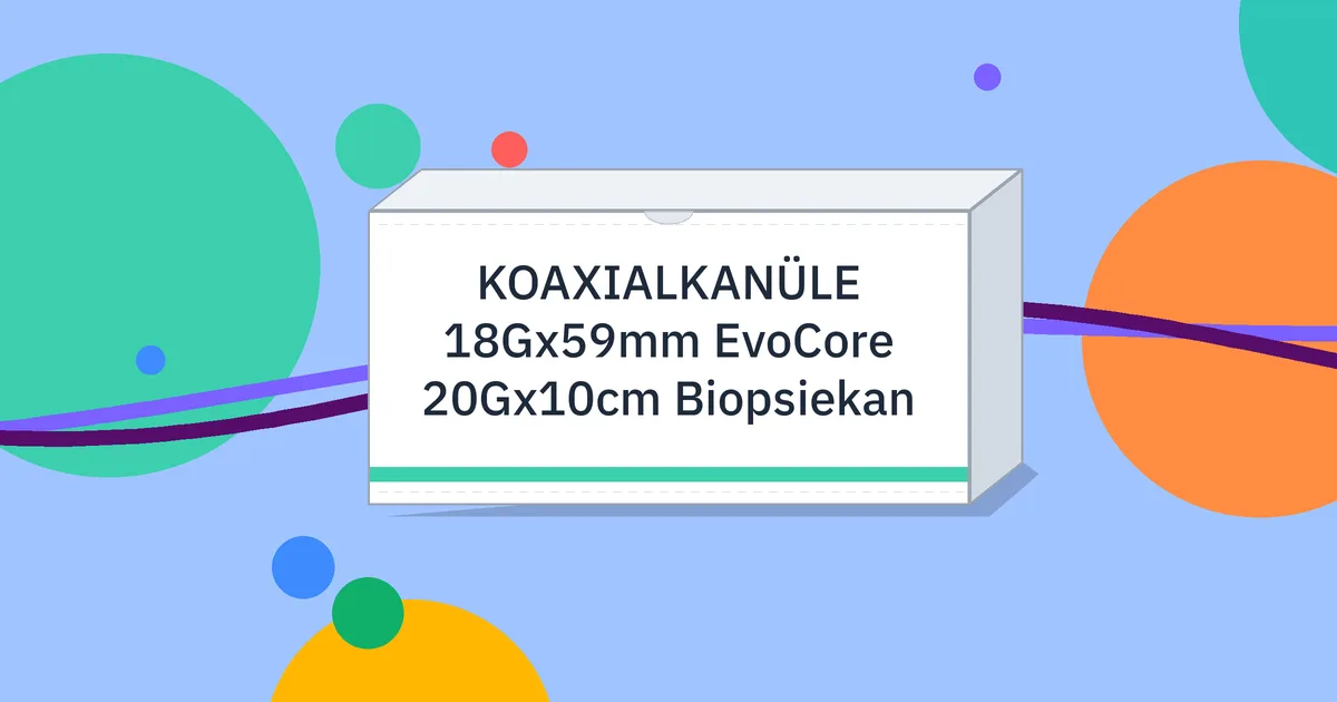 Symbolbild: Packung mit der Aufschrift KOAXIALKANÜLE 18Gx59mm EvoCore 20Gx10cm Biopsiekan (PZN 11059373) – Verfügbarkeit und Bezug in Apotheken in Frankfurt am Main