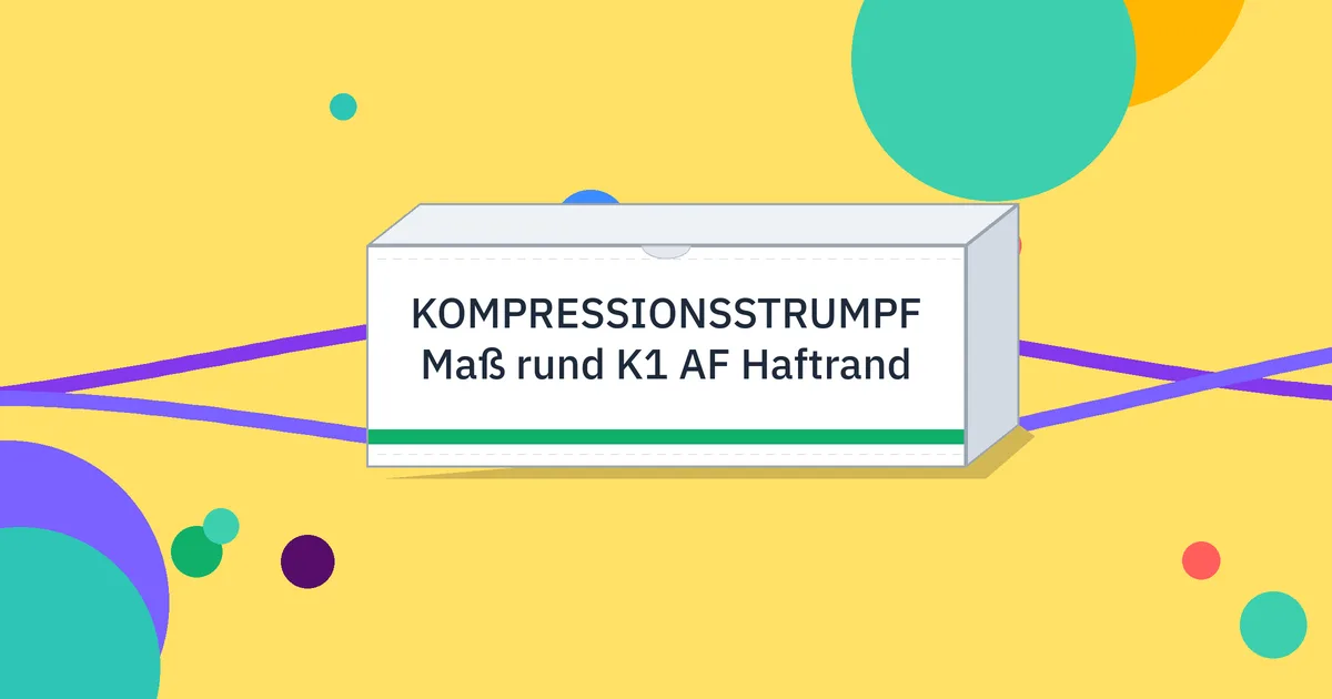 Symbolbild: Packung mit der Aufschrift KOMPRESSIONSSTRUMPF Maß rund K1 AF Haftrand (PZN 10011536) – Verfügbarkeit und Bezug in Apotheken in Frankfurt am Main