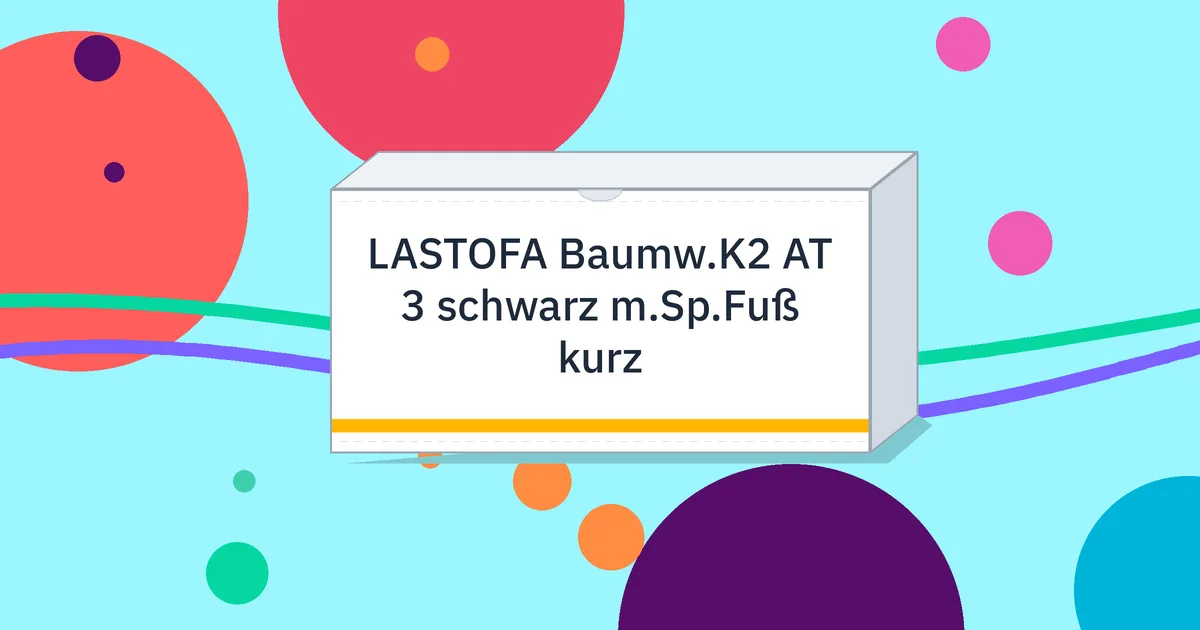 Symbolbild: Packung mit der Aufschrift LASTOFA Baumw.K2 AT 3 schwarz m.Sp.Fuß kurz (PZN 01950577) – Verfügbarkeit und Bezug in Apotheken in Frankfurt am Main