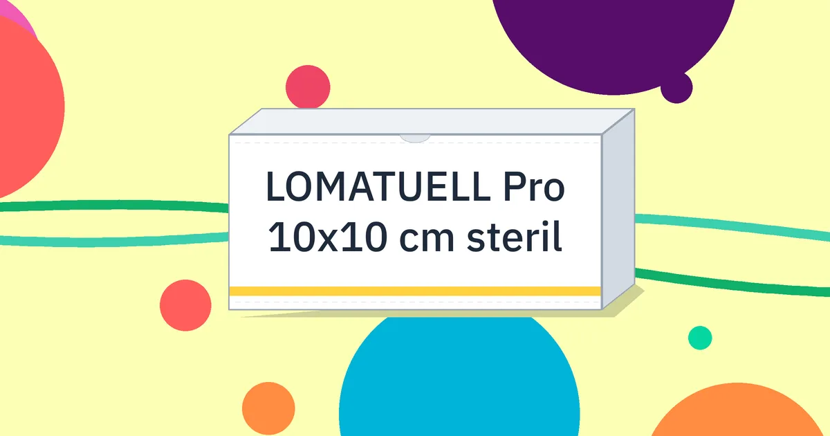 Symbolbild: Packung mit der Aufschrift LOMATUELL Pro 10x10 cm steril (PZN 20599275) – Verfügbarkeit und Bezug in Apotheken in Frankfurt am Main