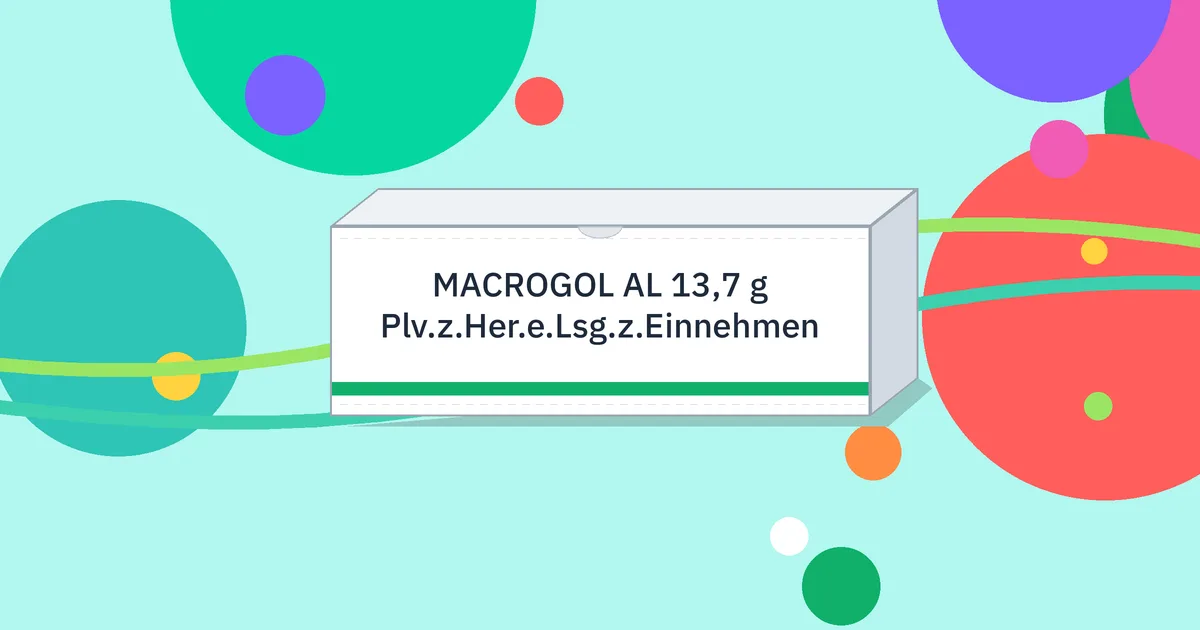 Symbolbild: Packung mit der Aufschrift MACROGOL AL 13,7 g Plv.z.Her.e.Lsg.z.Einnehmen (PZN 09474107) – Verfügbarkeit und Bezug in Apotheken in Frankfurt am Main