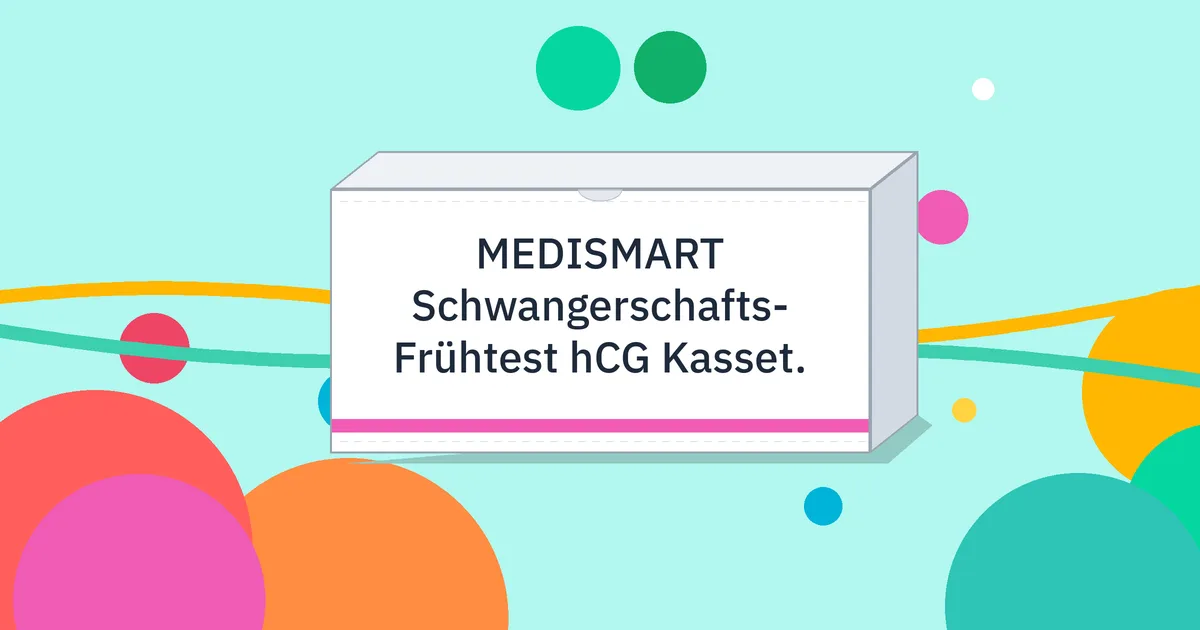 Symbolbild: Packung mit der Aufschrift MEDISMART Schwangerschafts-Frühtest hCG Kasset. (PZN 06590238) – Verfügbarkeit und Bezug in Apotheken in Frankfurt am Main