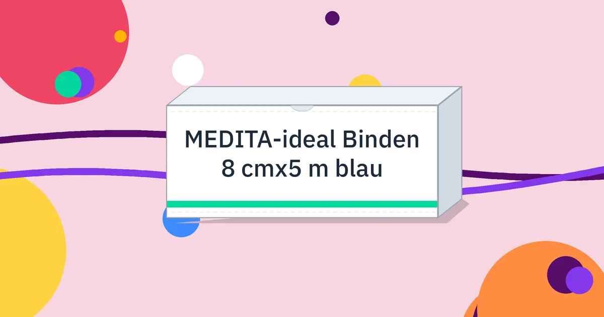 Symbolbild: Packung mit der Aufschrift MEDITA-ideal Binden 8 cmx5 m blau (PZN 19451834) – Verfügbarkeit und Bezug in Apotheken in Frankfurt am Main