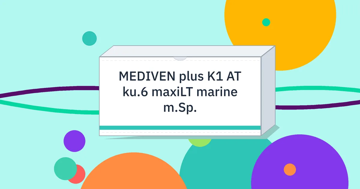 Symbolbild: Packung mit der Aufschrift MEDIVEN plus K1 AT ku.6 maxiLT marine m.Sp. (PZN 15068647) – Verfügbarkeit und Bezug in Apotheken in Frankfurt am Main