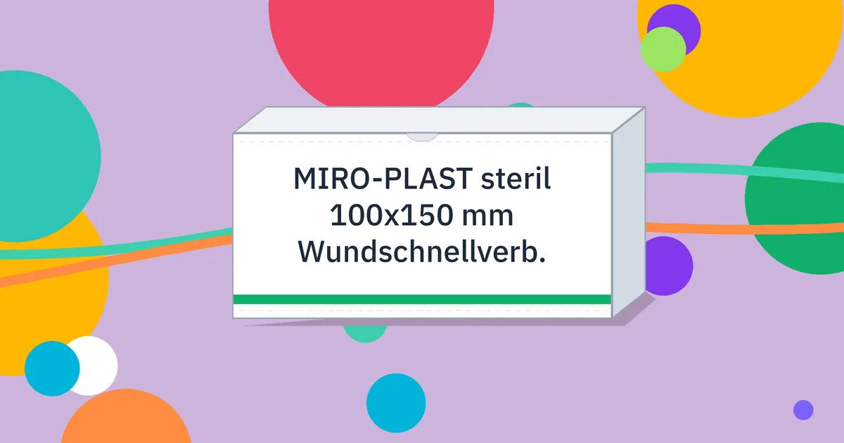 Symbolbild: Packung mit der Aufschrift MIRO-PLAST steril 100x150 mm Wundschnellverb. (PZN 06476873) – Verfügbarkeit und Bezug in Apotheken in Frankfurt am Main